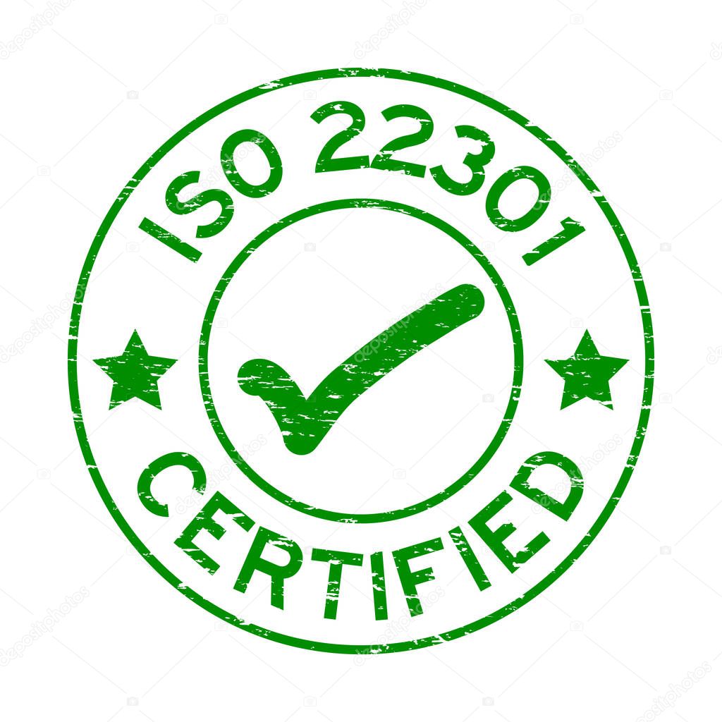 Sello redondo certificado ISO 22301 verde grunge sobre fondo blanco 2024