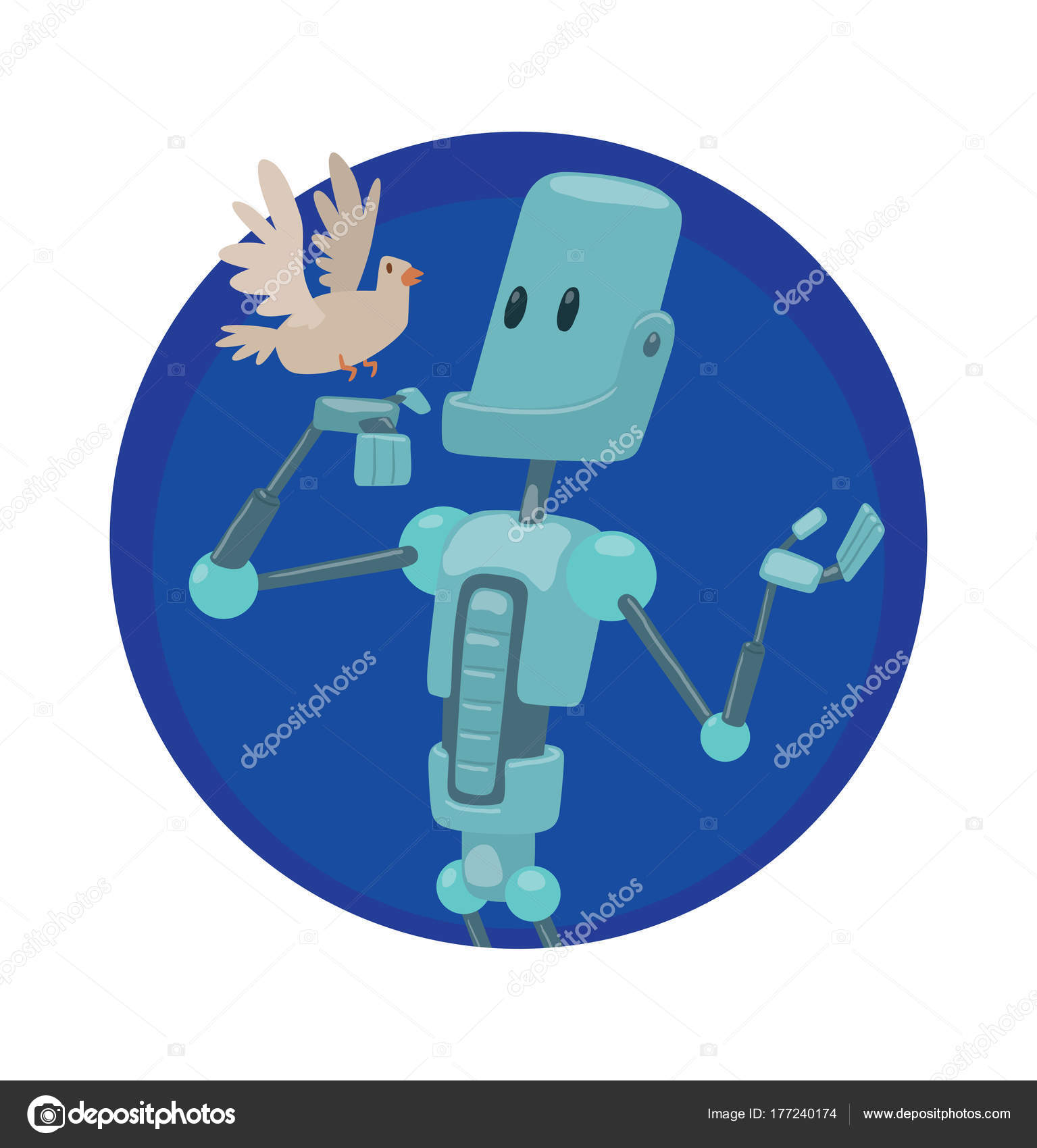 Marco redondo, divertido robot azul claro con una paloma blanca Vector ...