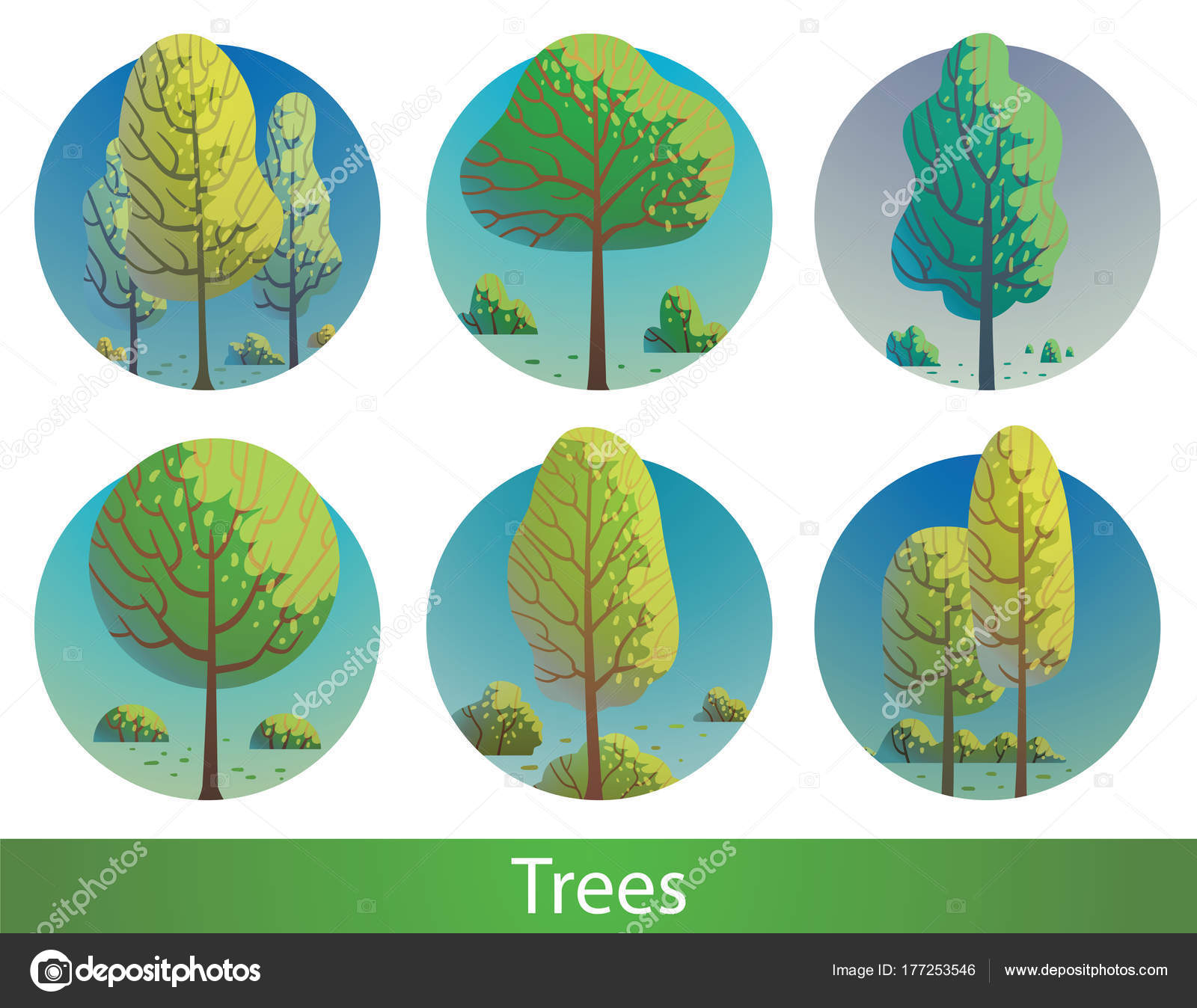 Set of round labels with different green trees Stock Vector Image by ...