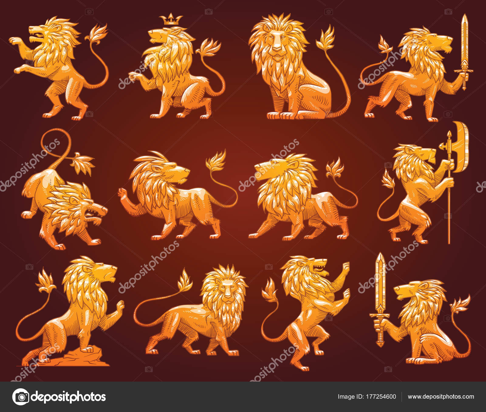 Set of twelve golden heraldic lions, color image Stock Vector Image by ...