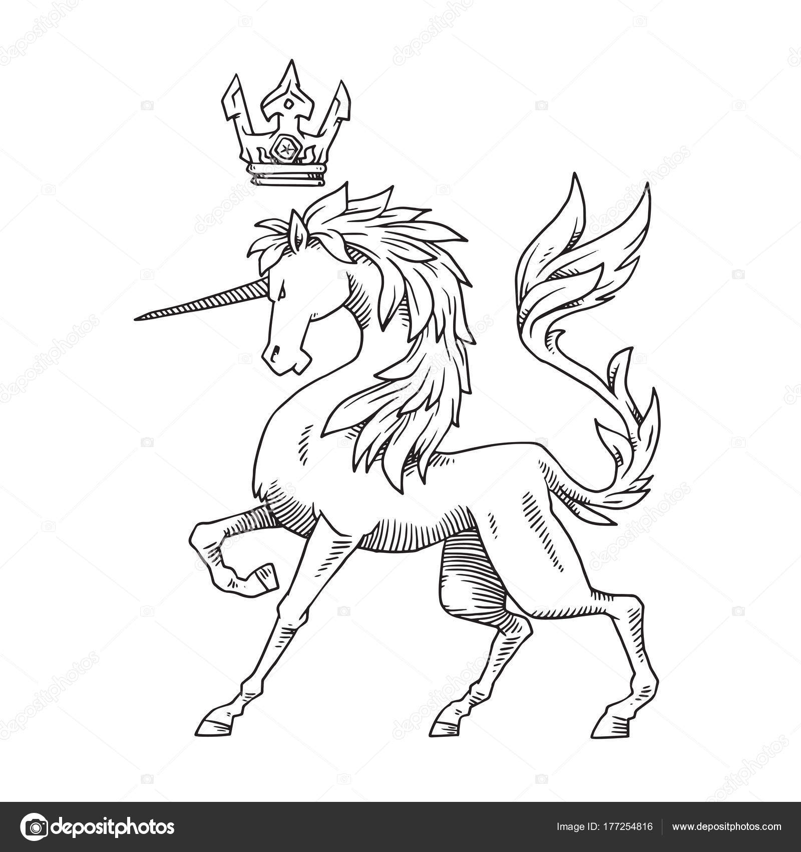Image vectorielle Licorne héraldique avec couronne, style monochrome ...