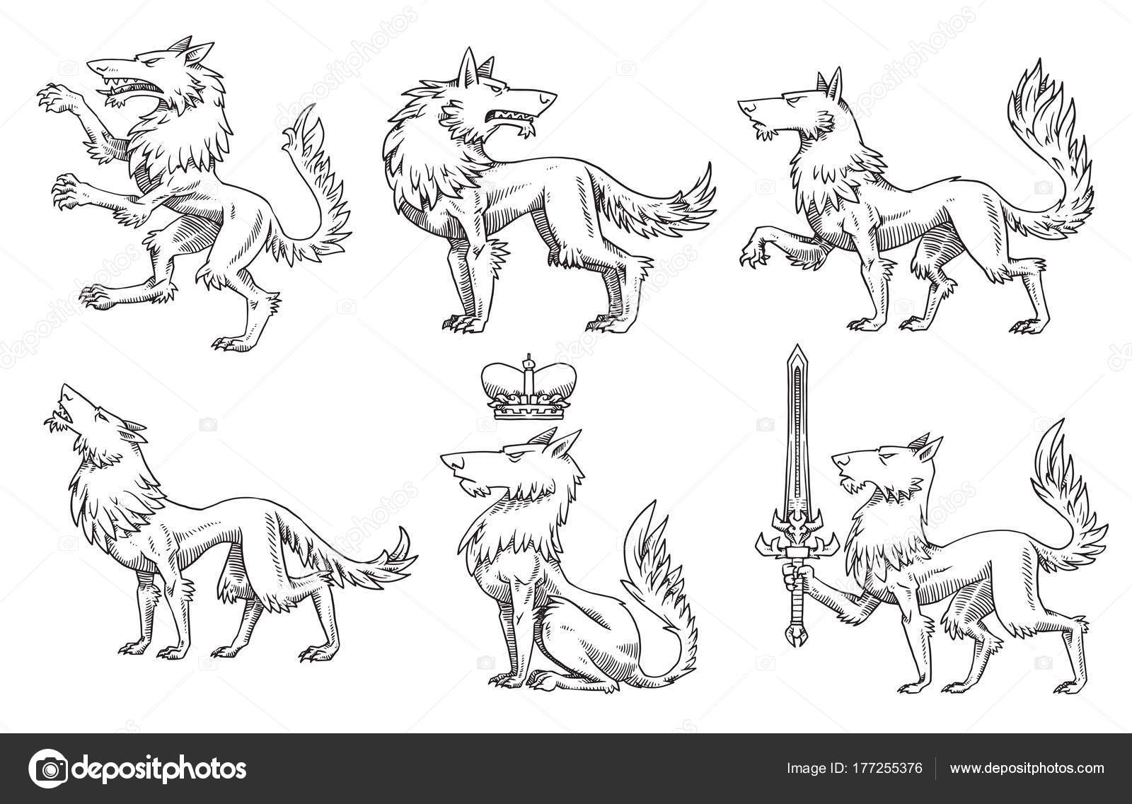 Set of heraldic wolves, monochrome style Stock Vector Image by ...