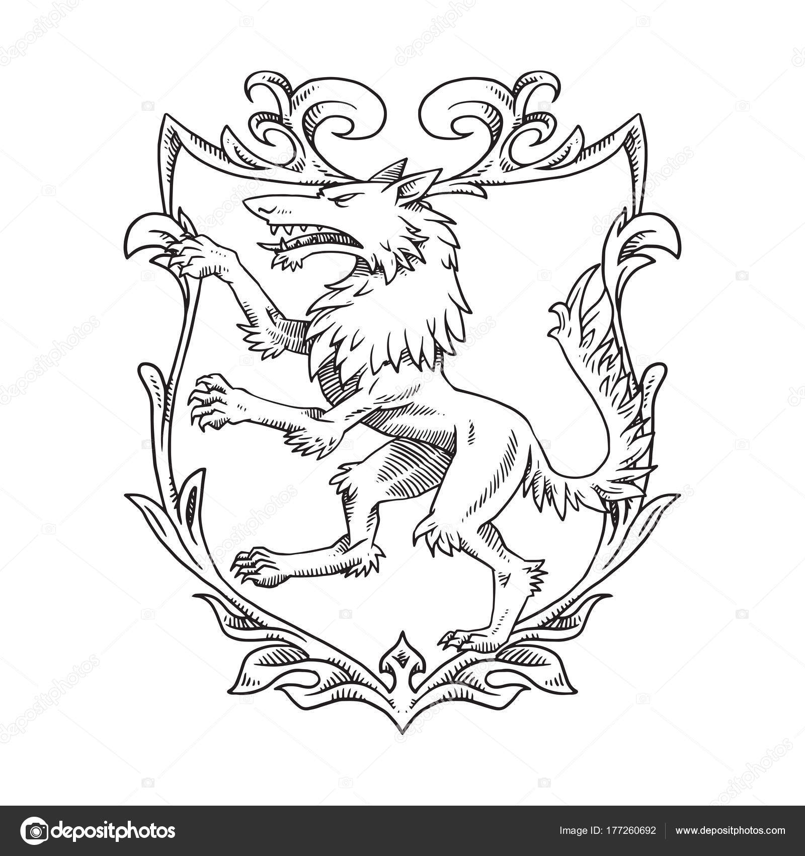 Heraldic shield with wolf turn left, line art Stock Vector Image by ...