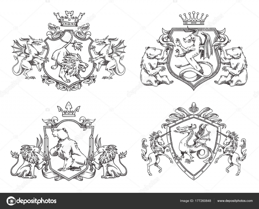 Set of heraldic shields with different animals, line art Stock Vector ...