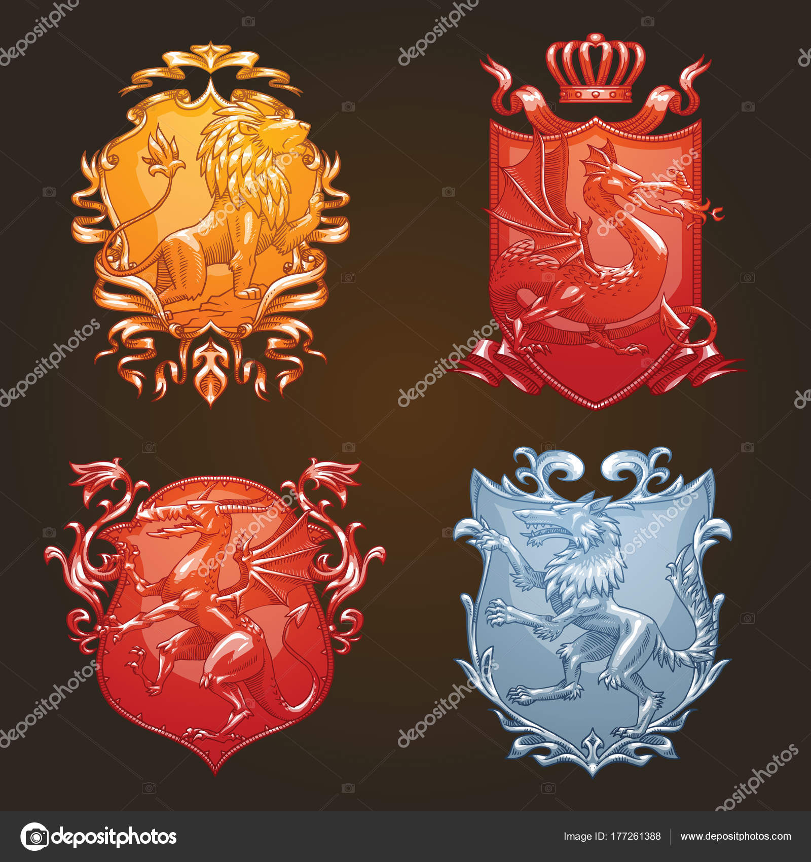 Set of heraldic shields with dragons, wolf and lion Stock Vector Image ...