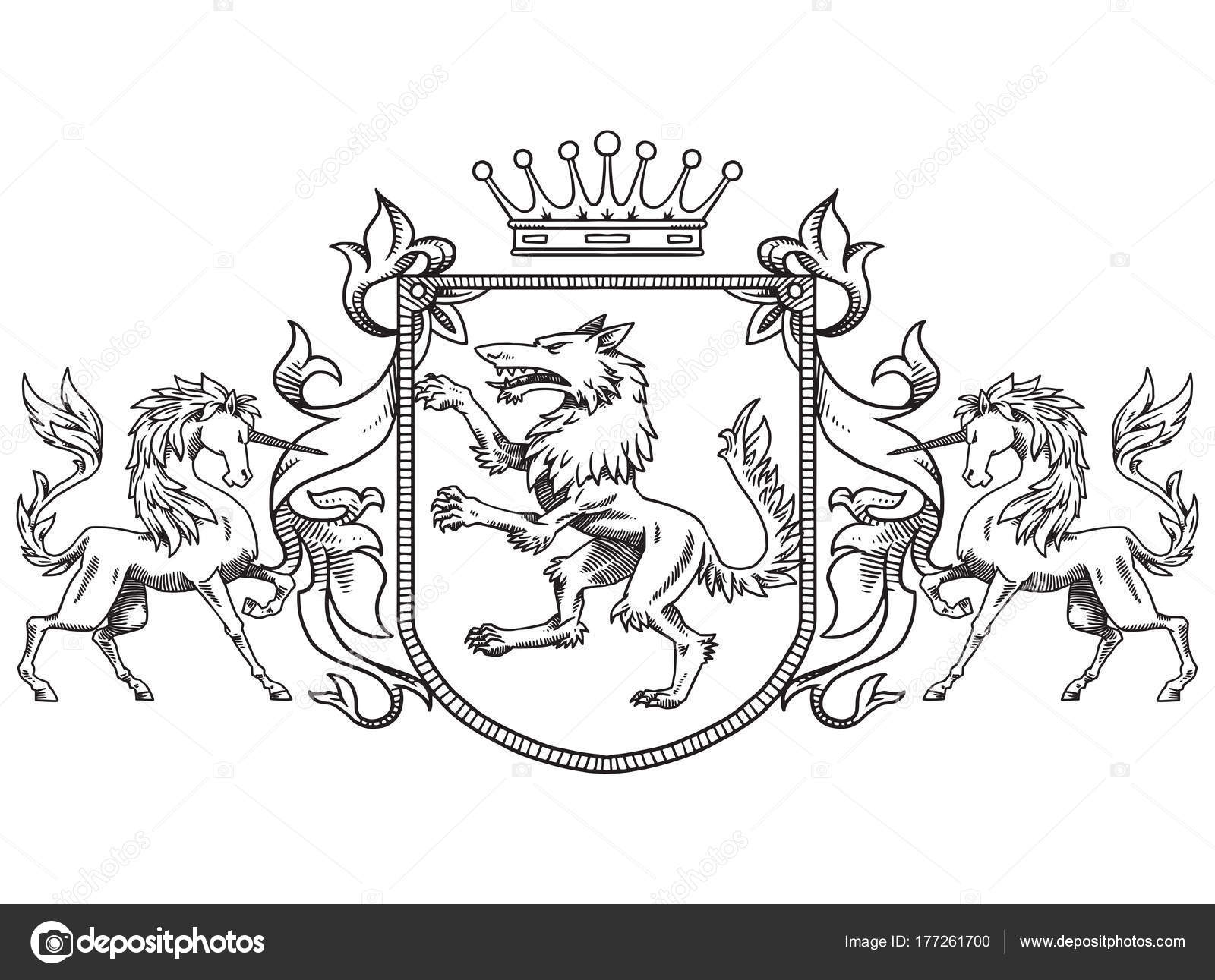 Heraldic shield with wolf and unicorns, line art Stock Vector Image by ...