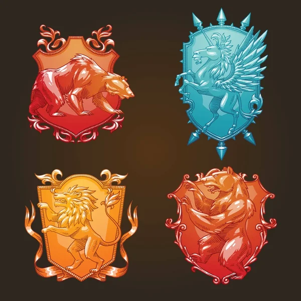 Set of heraldic shields with dragons, wolf, lion, line art Stock Vector ...