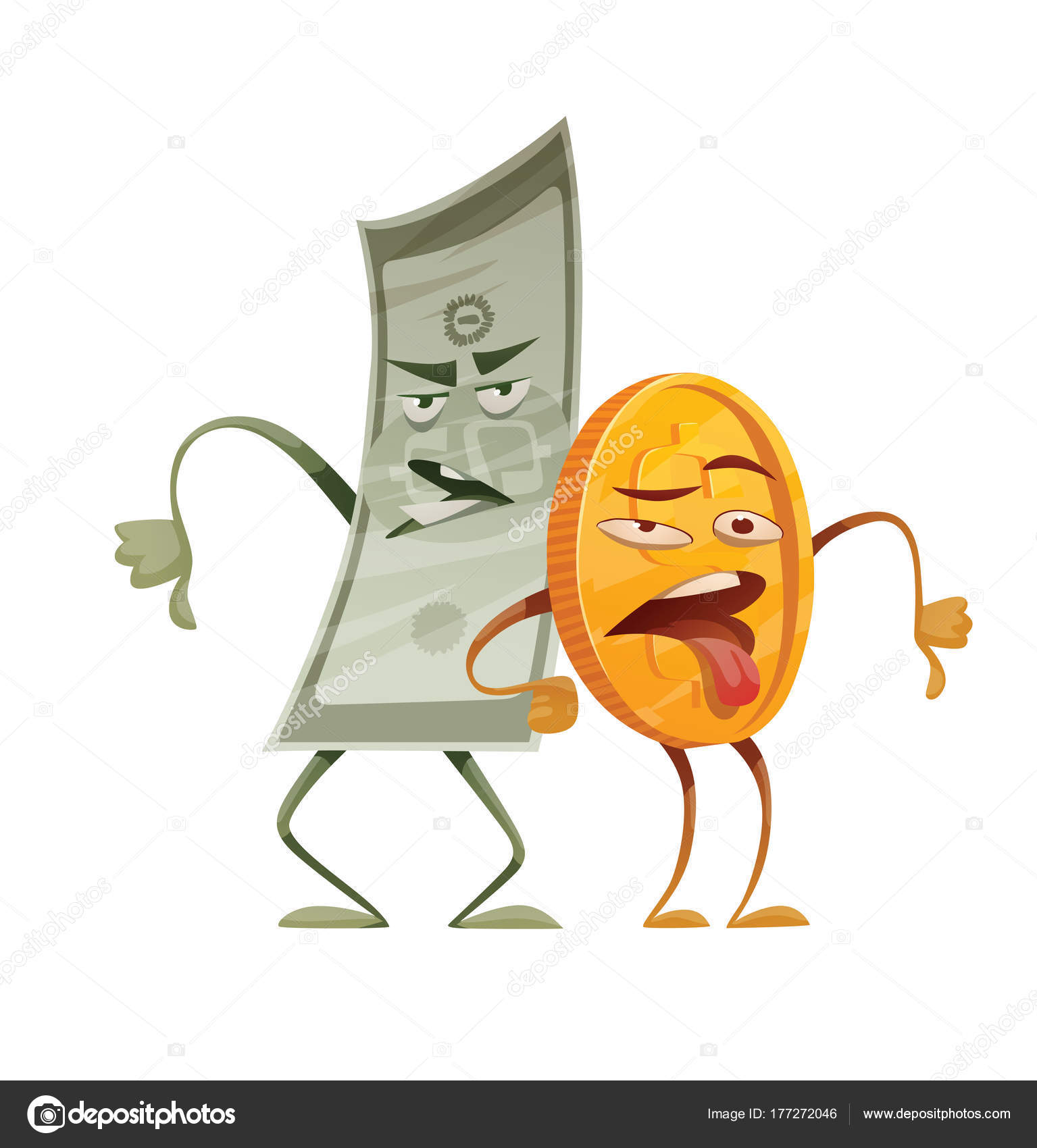 Funny golden coin and green banknote showing thumbs down Stock Vector ...