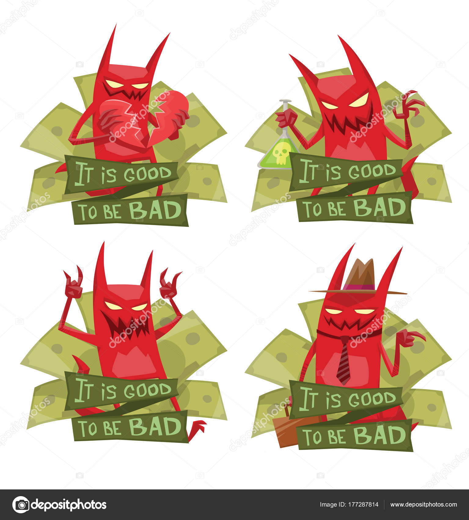 Set of emblems with four funny red devils Stock Illustration by ...