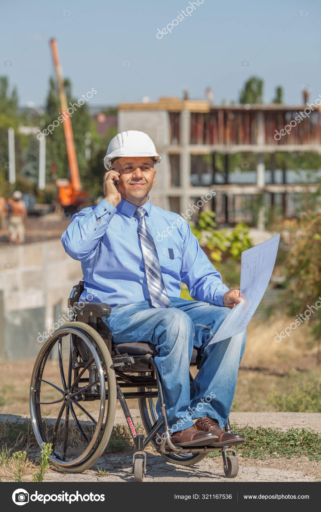Disabled Person Construction Helmet Documents Hand Talking Phone ...