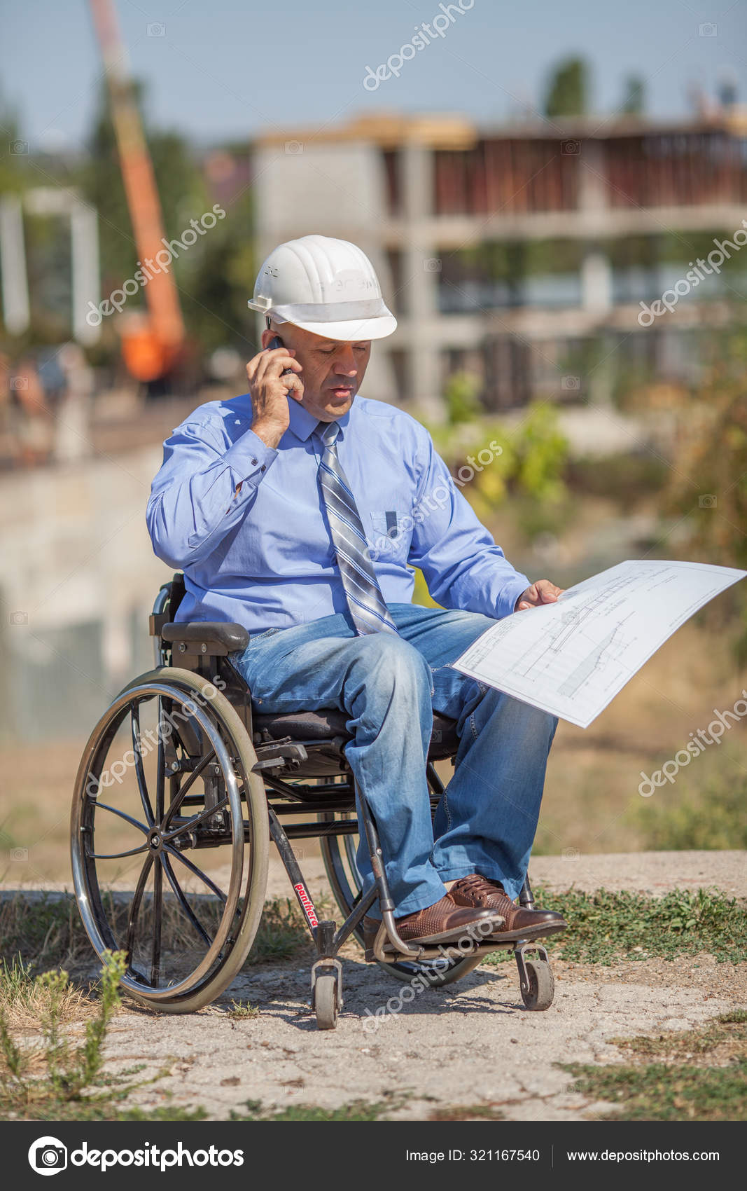 Disabled Person Construction Helmet Documents Hand Talking Phone ...