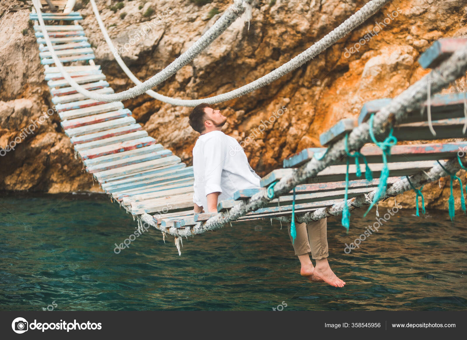 Man Sitting Suspension Bridge Enjoying Sea View Nature Calmness Summer ...