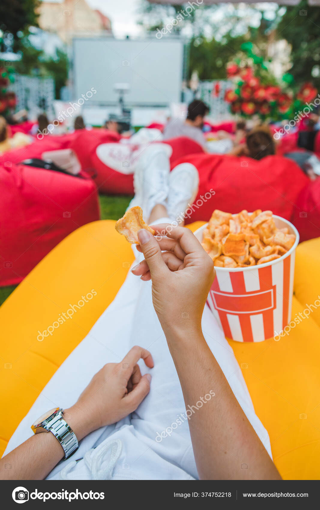 Laying Eating Snacks Watching Movie Open Air Cinema Summer Time Stock ...