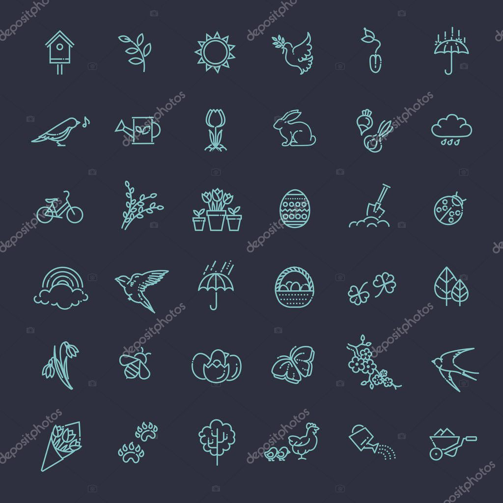 Conjunto de iconos de primavera. Jardín de primavera, flores y equipos ...