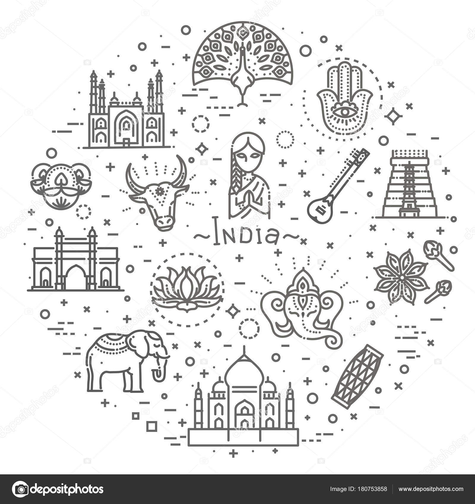India icons set. Indian attractions, line design. Tourism in India ...