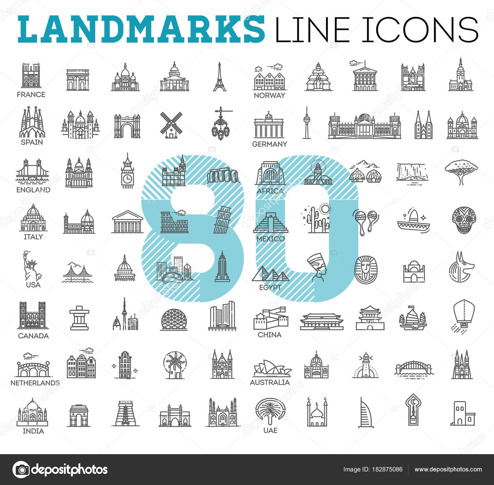 Simple linear Vector icon set representing global tourist landmarks and ...