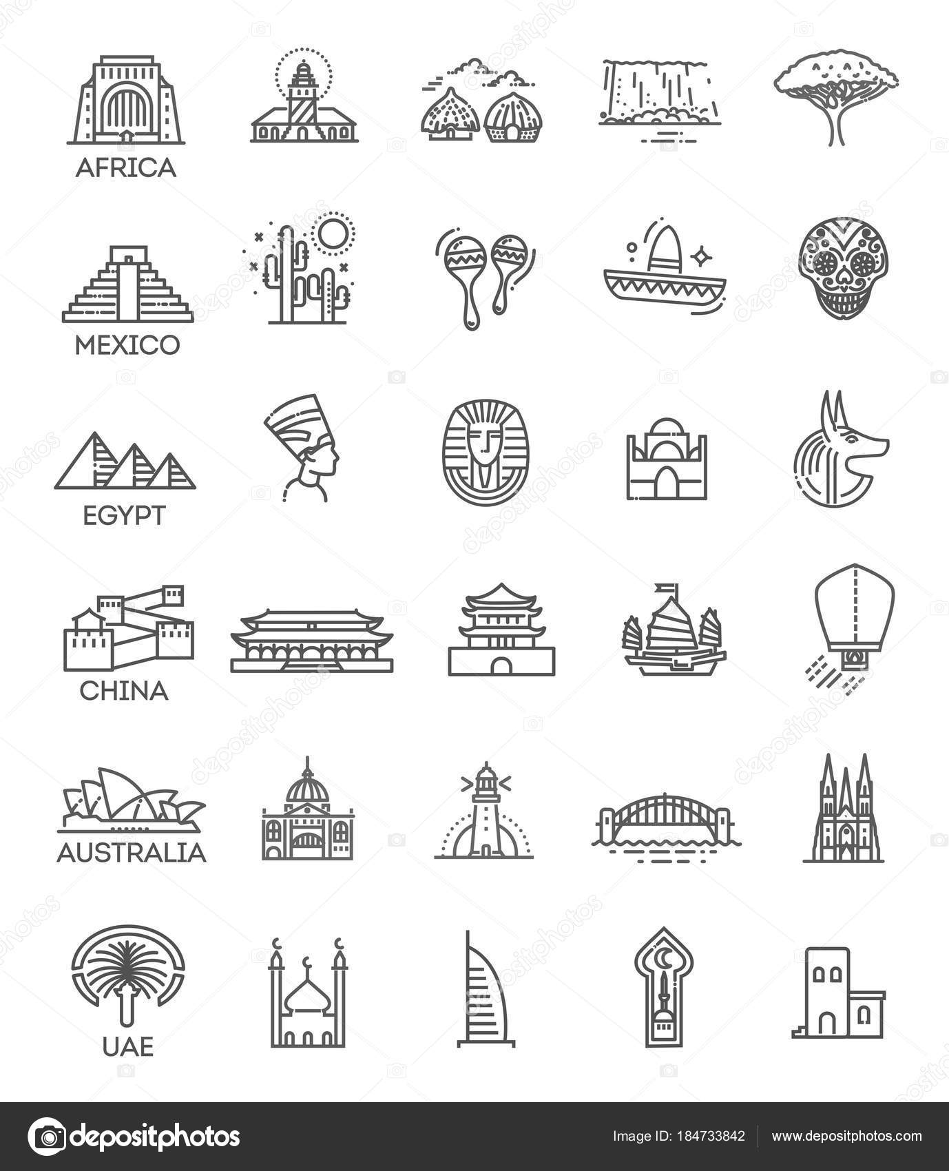 Simple linear Vector icon set representing global tourist landmarks and ...