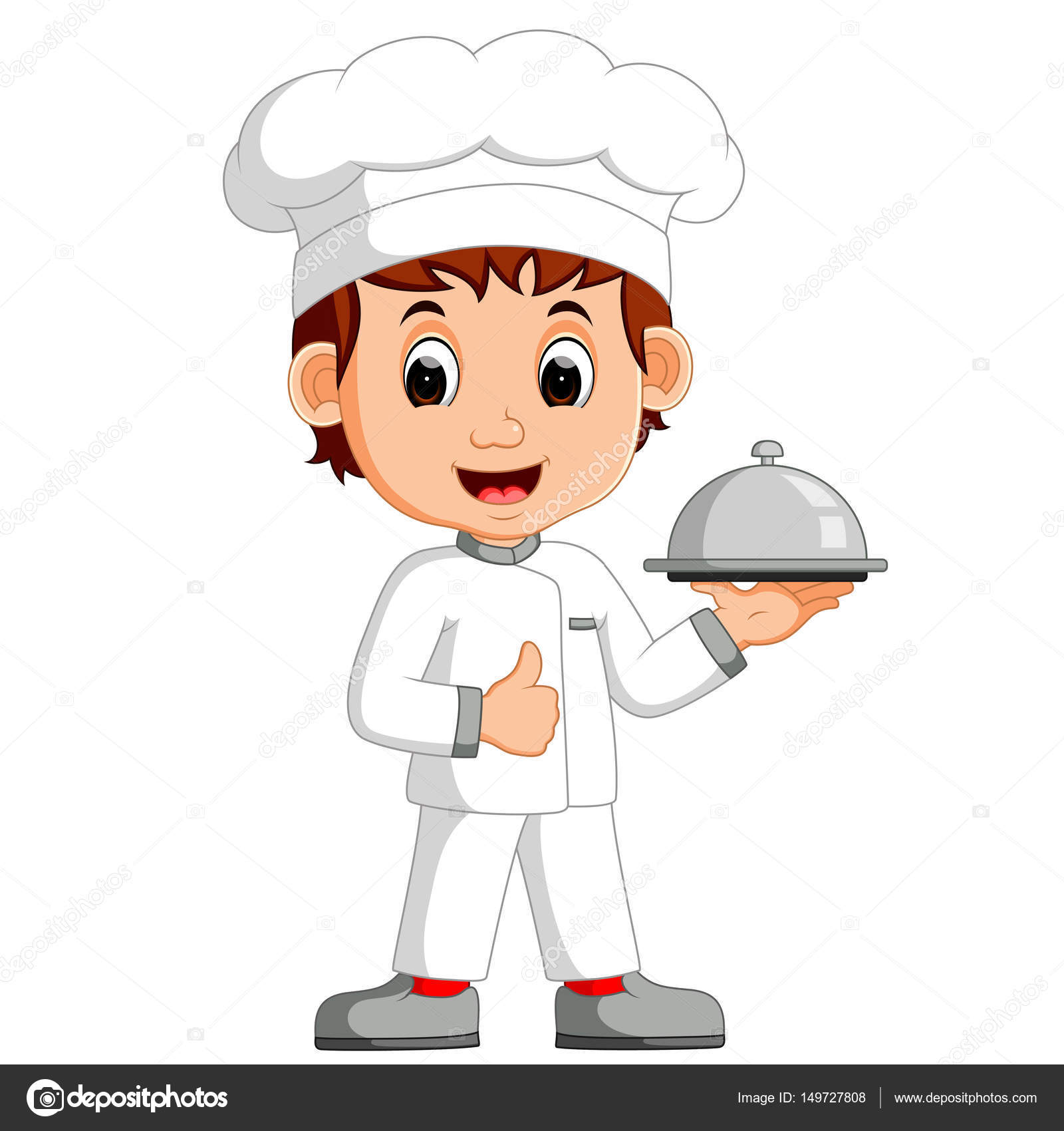 Chef divertido de dibujos animados sosteniendo una bandeja de plata ...