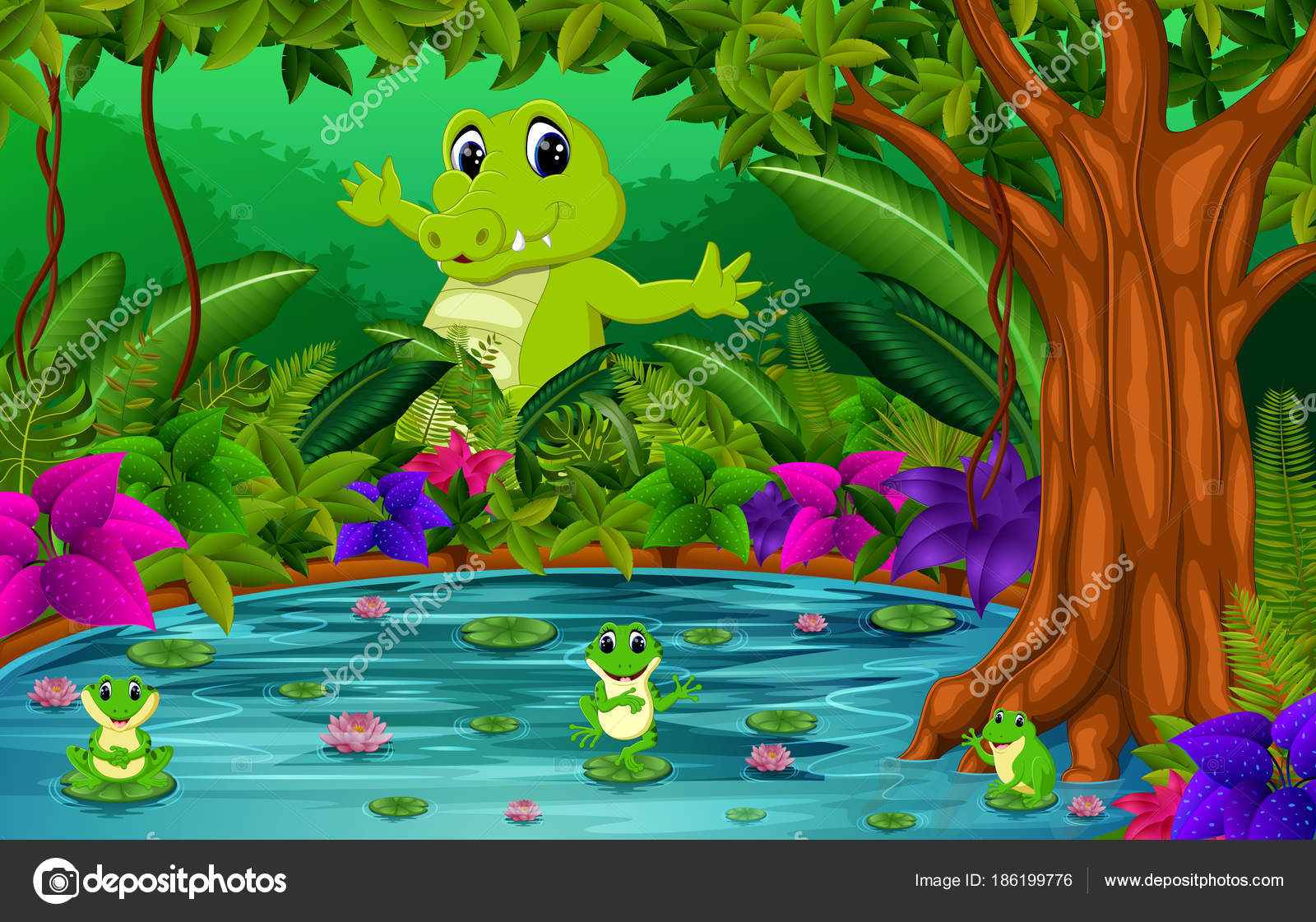 Crocodile Frog Jungle Lake Scene — Stock Vector © hermandesign2015 ...