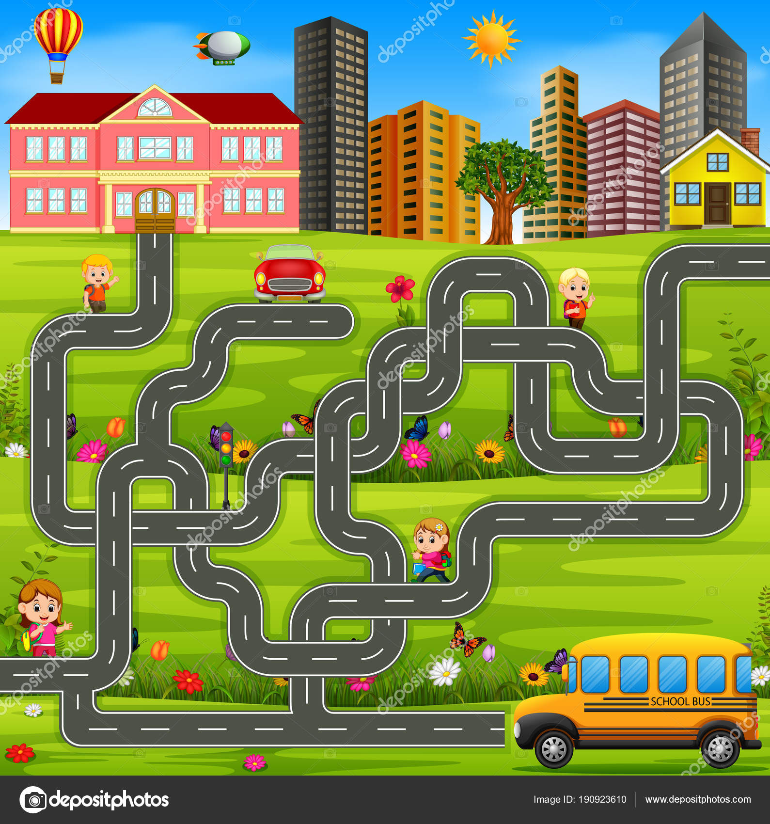 Laberinto Plantilla Juego Con Autobús Escolar Vector de stock ...