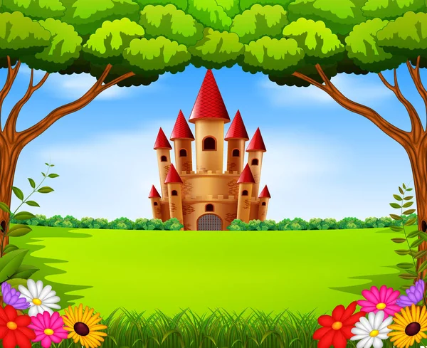 FairyTale cartoon castle. Cute cartoon castle. Fantasy fairy tale palace with rainbow. Vector ...