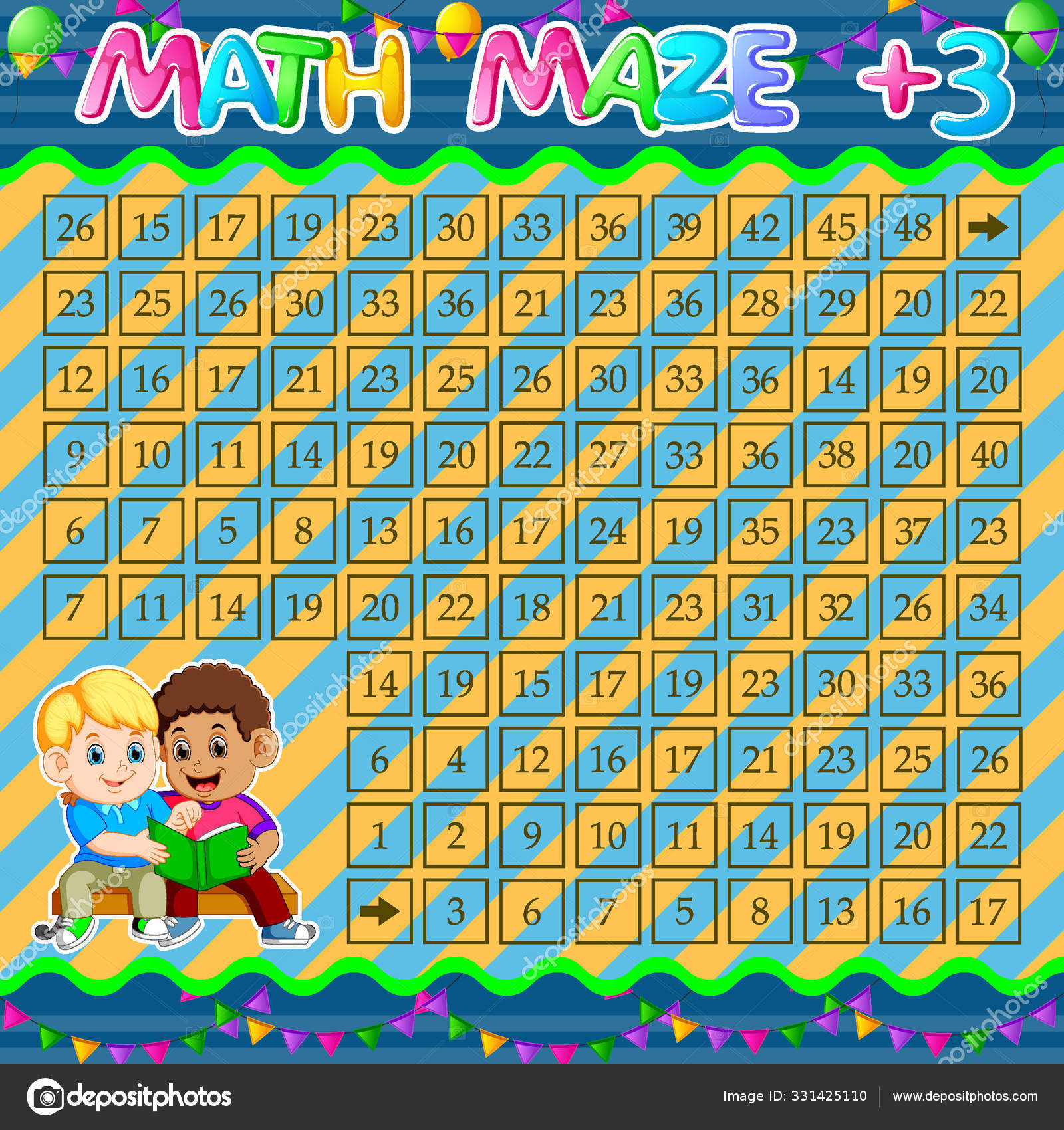 Math Maze Addition Worksheet with two boy reading book Stock Vector ...