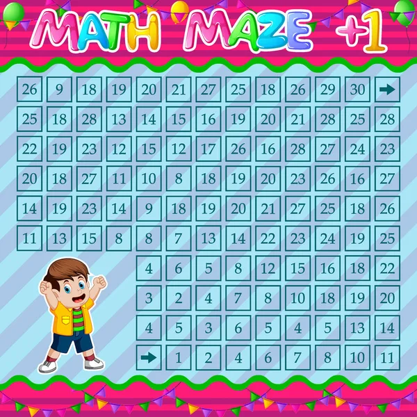 Math Maze Addition Worksheet with happy boy holding pencil Stock Vector ...