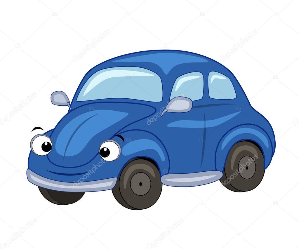 Cute cartoon blue car. Vector illustration isolated on white bac ...