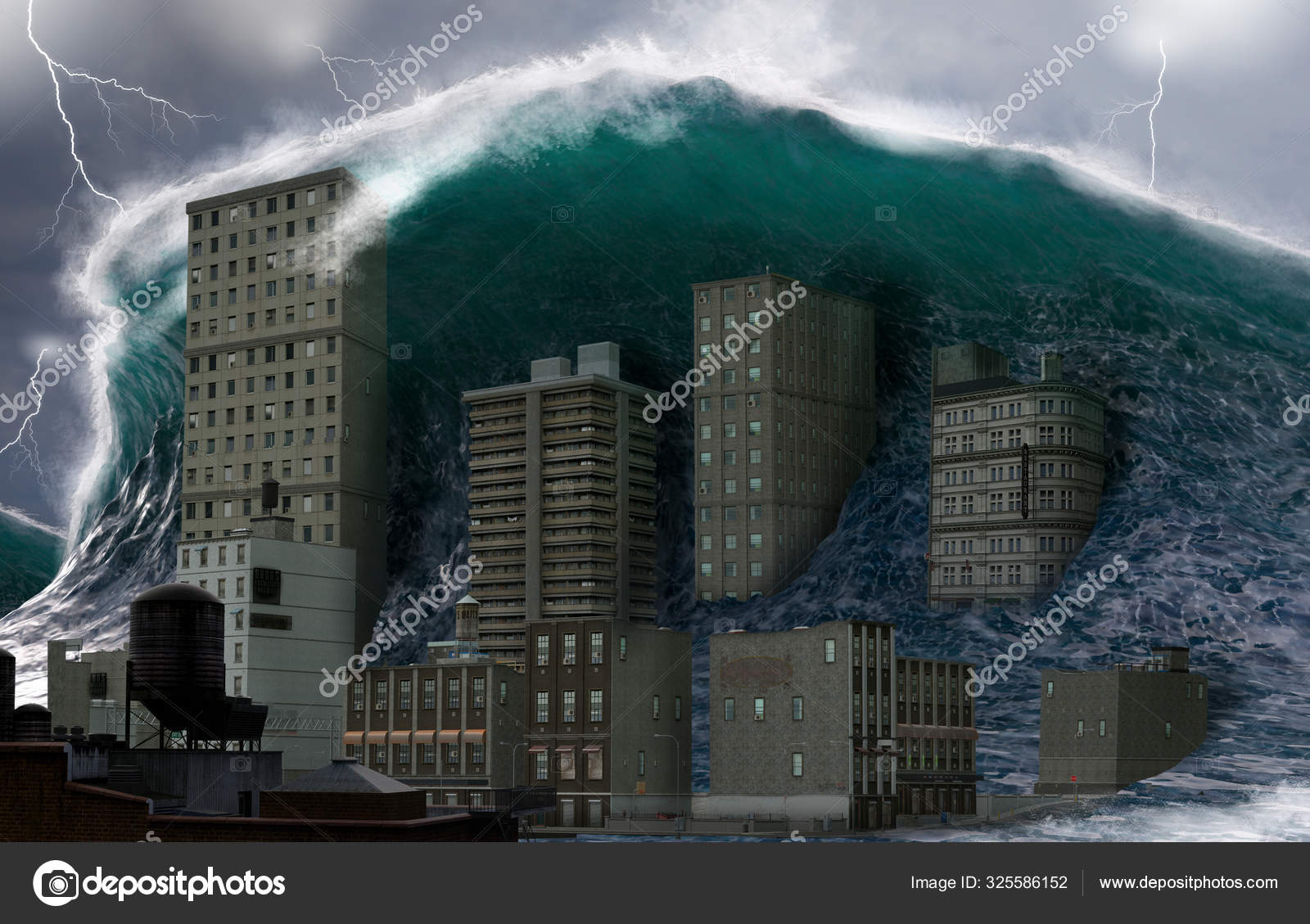 Tsunami tidal wave crashing costal town — Stock Photo © ratpack2 #325586152