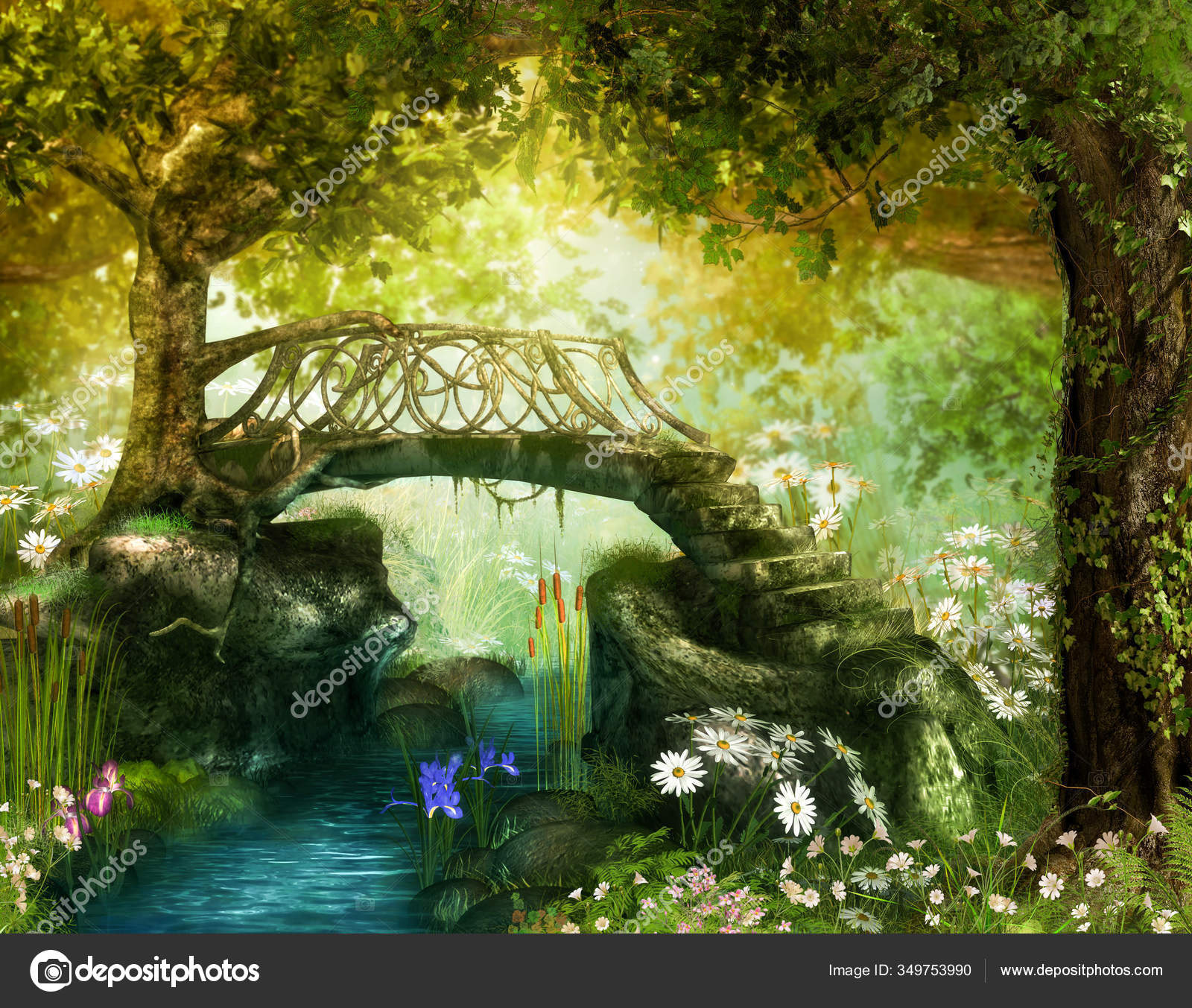 Magical Lush Fairy Tale Forest Enchanting Bridge Brook Render Stock ...
