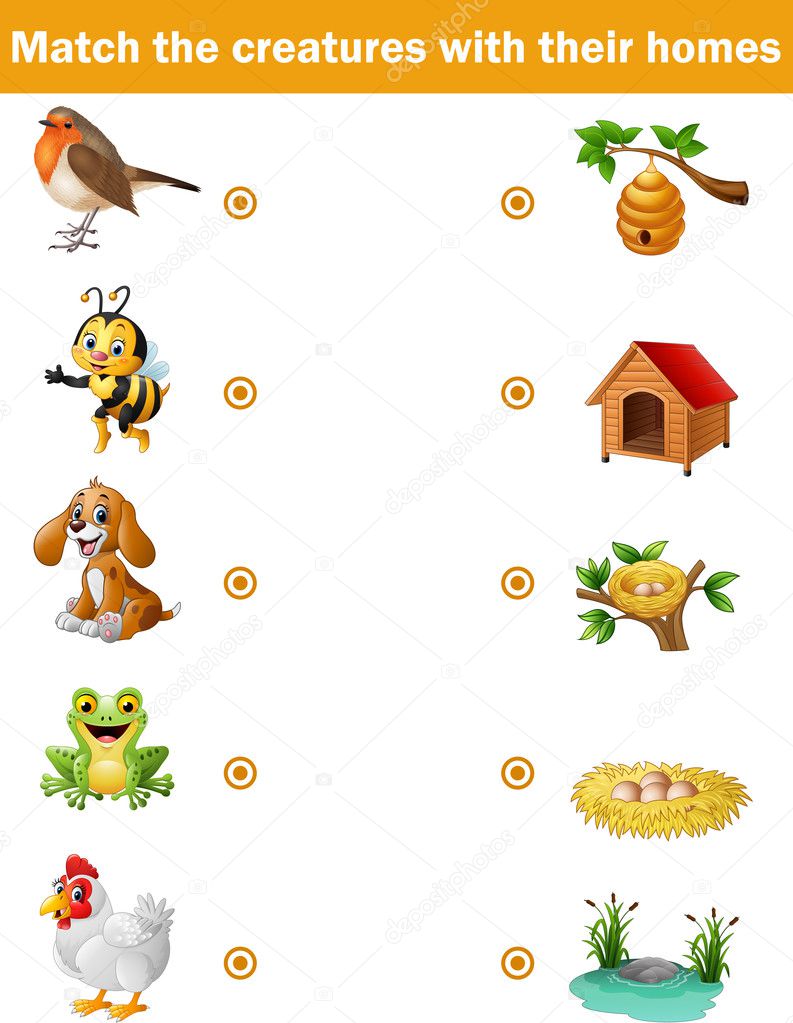Juego a juego para niños, animales con sus hogares vector, gráfico ...