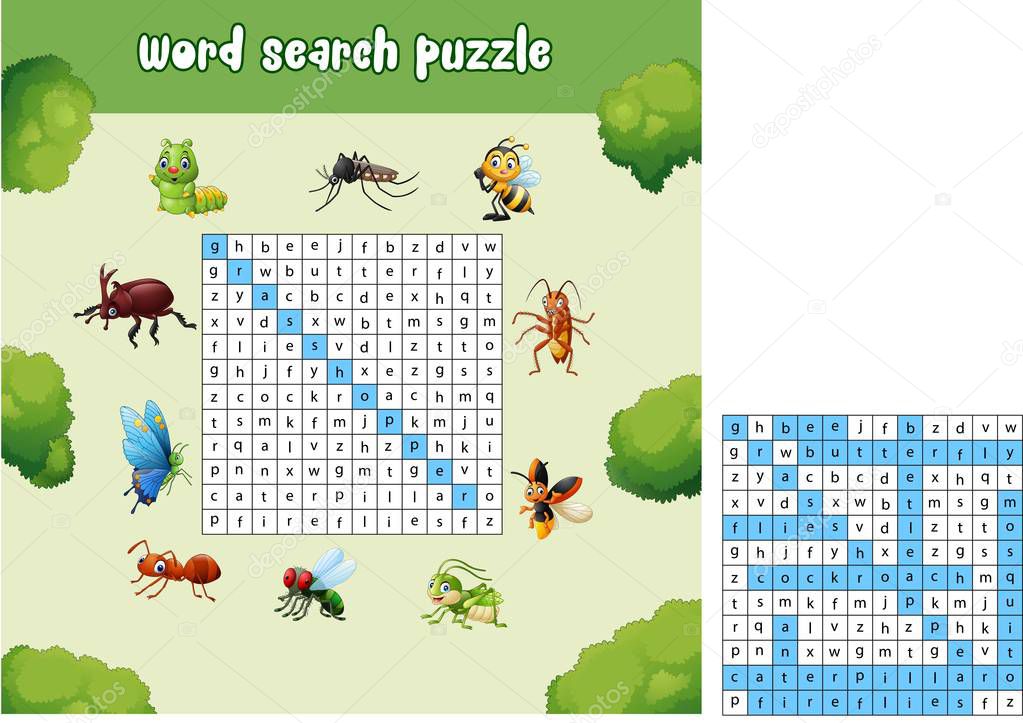 Puzzle de búsqueda de palabras sobre insectos animales Vector de stock ...