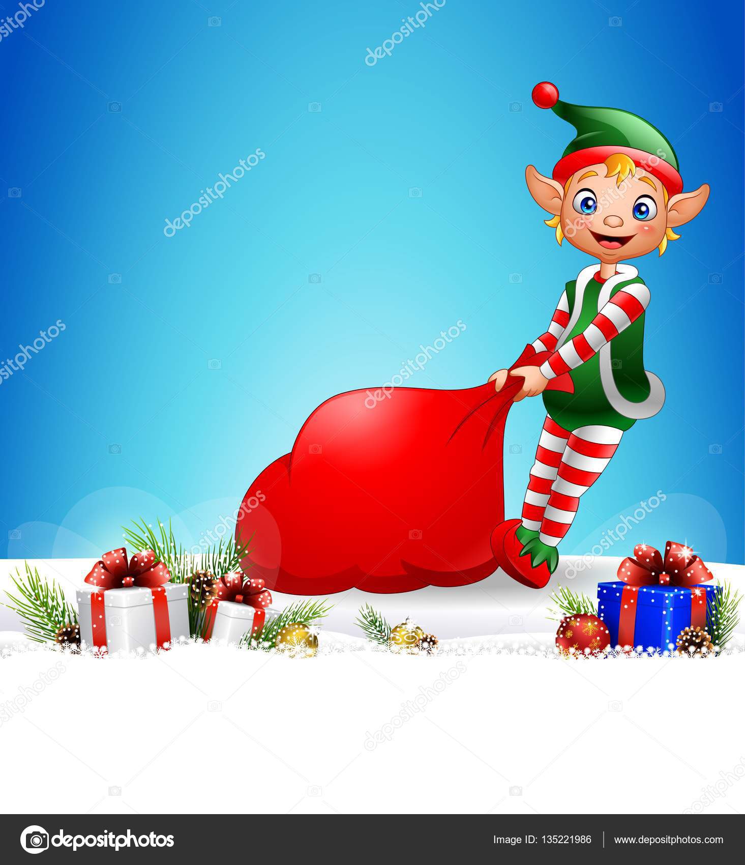 Christmas background with elf pulling a bag full of gifts Stock Vector ...