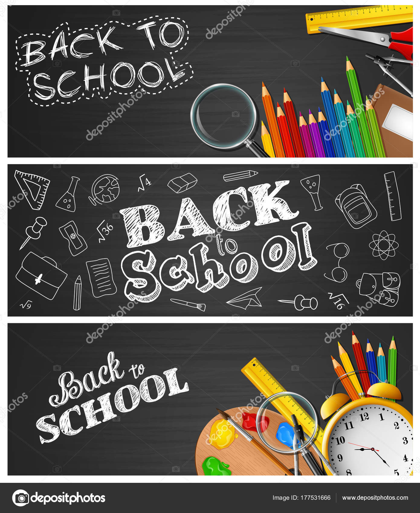 Vettoriale stockSet Tre Materiali Scolastici Sfondo Lavagna di ...