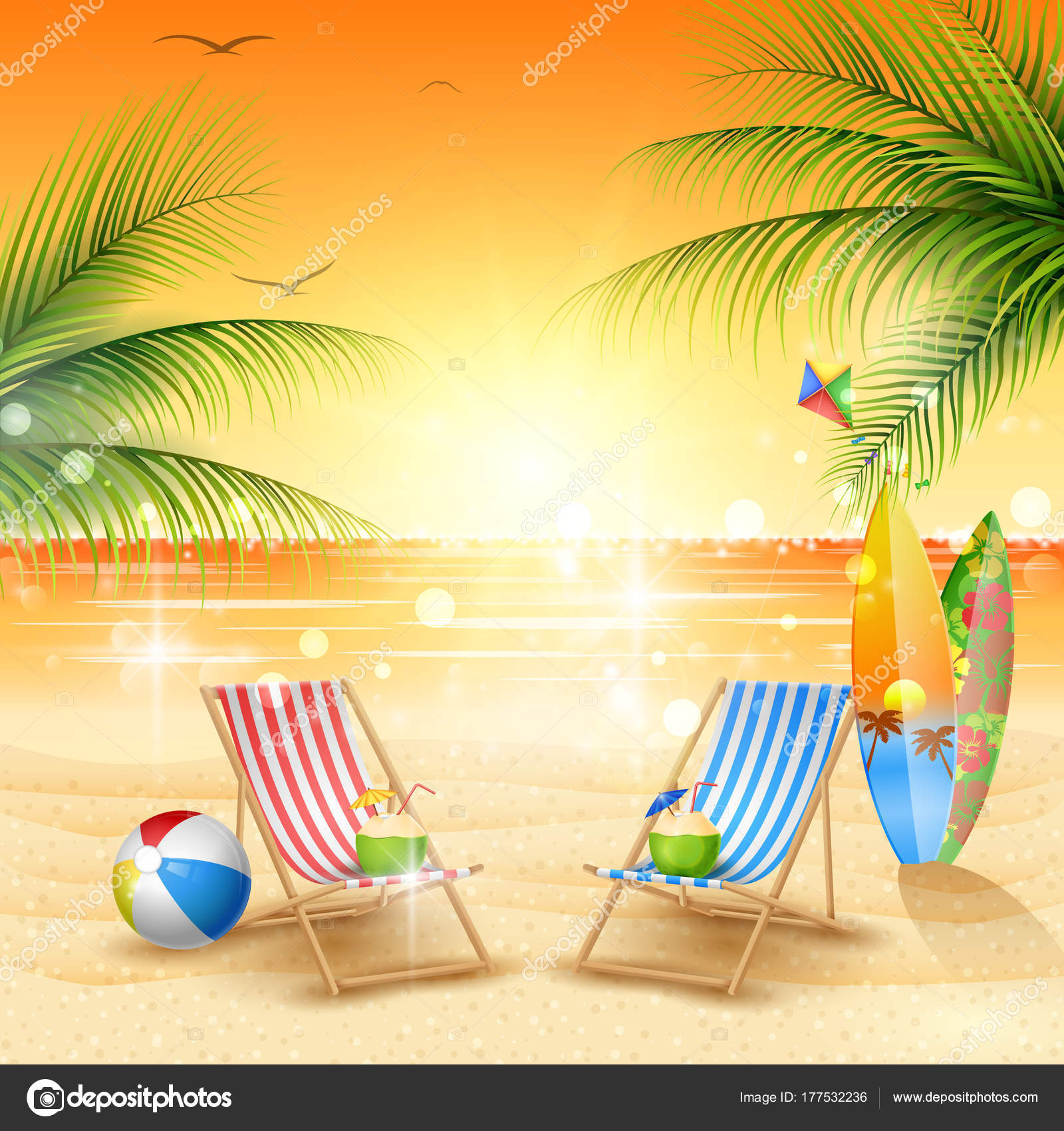 Playa Tropical Atardecer Vector de stock #177532236 de ©dreamcreation01