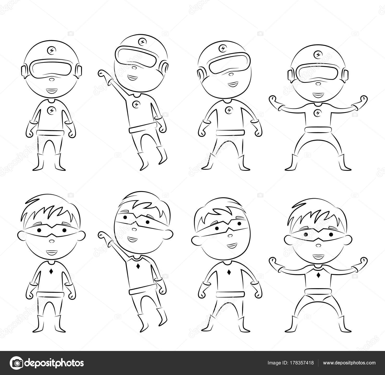 Set Superheroes Cartoon Character Outline Different Pose Stock Vector ...