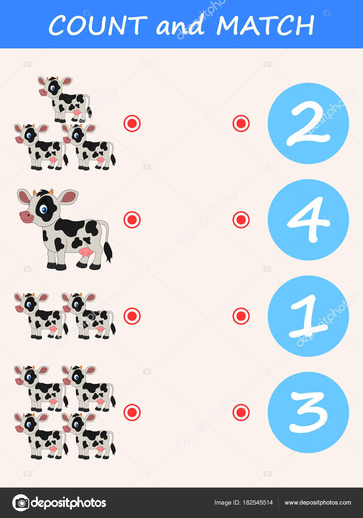 Count Match Cow Cartoon Math Educational Game Children Stock Vector ...