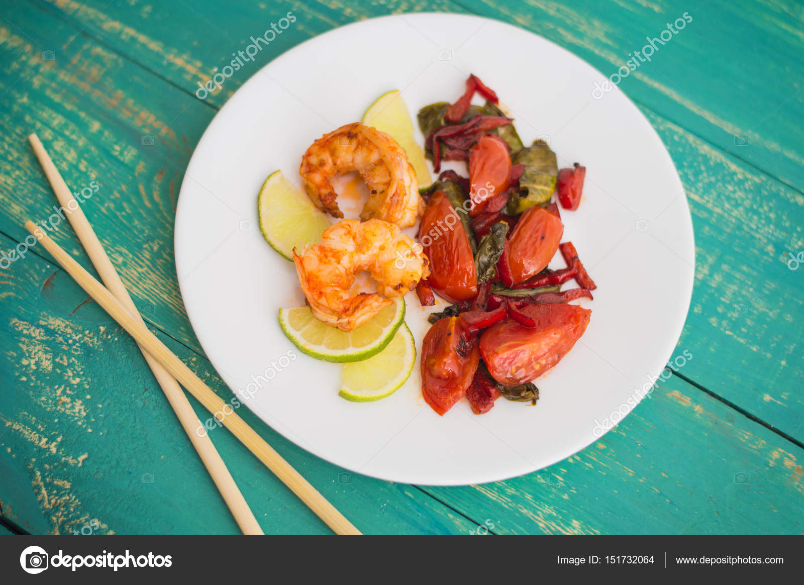 King prawn dish with lime and spinach with tomato and pepper. Wooden ...