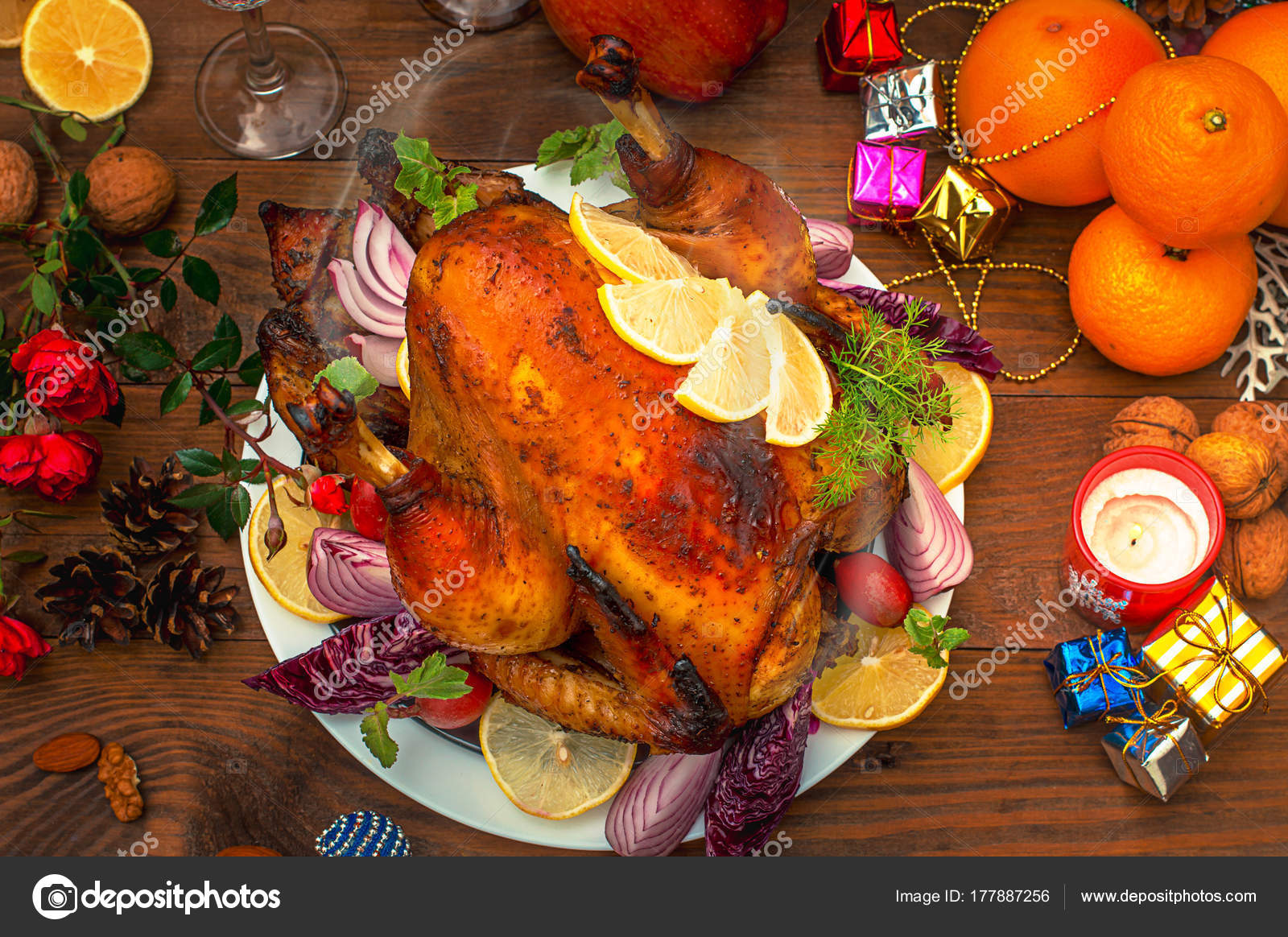 Christmas Dinner. Roasted chicken. Winter Holiday table served. Wooden ...