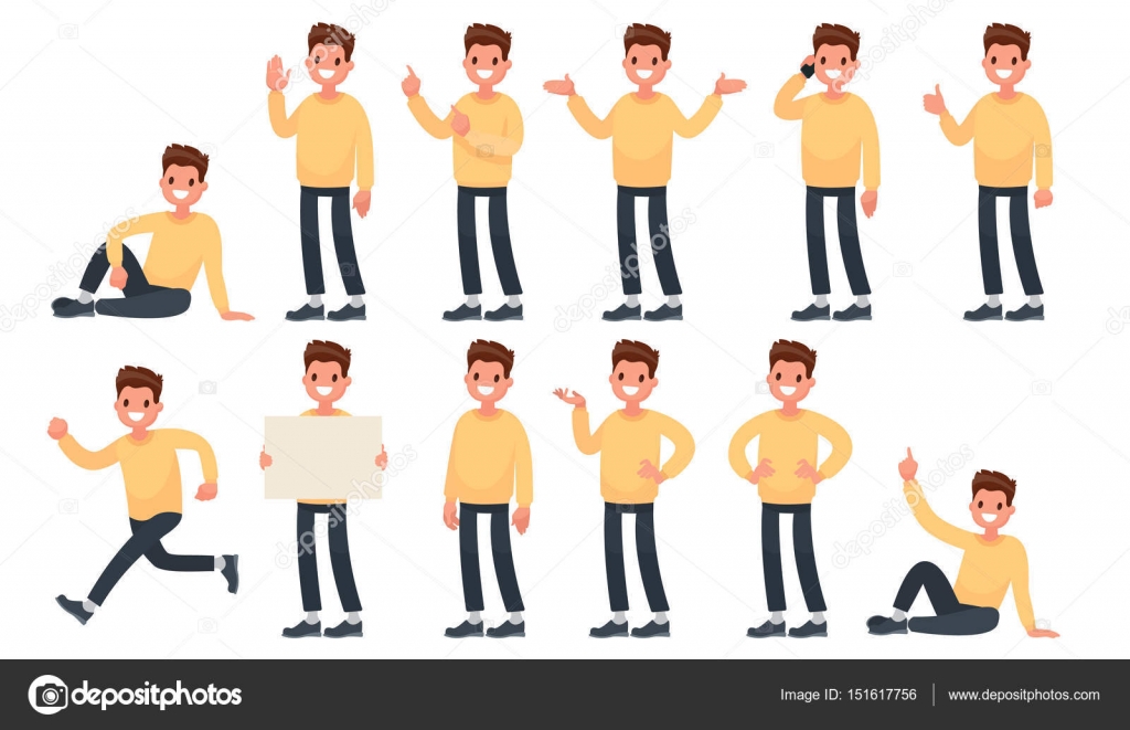 Set of a guy in casual clothes in different poses. A character f Stock ...