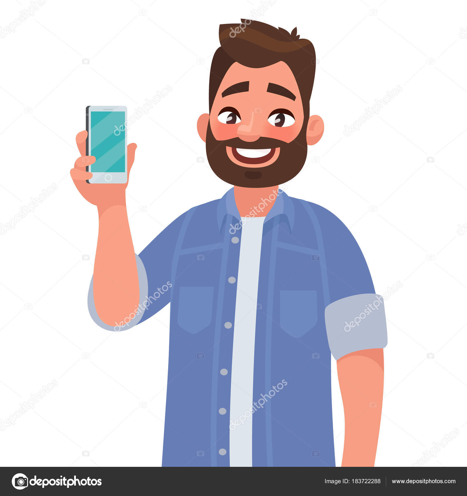 Man Is Showing The Phone People And Gadgets Vector Illustration In