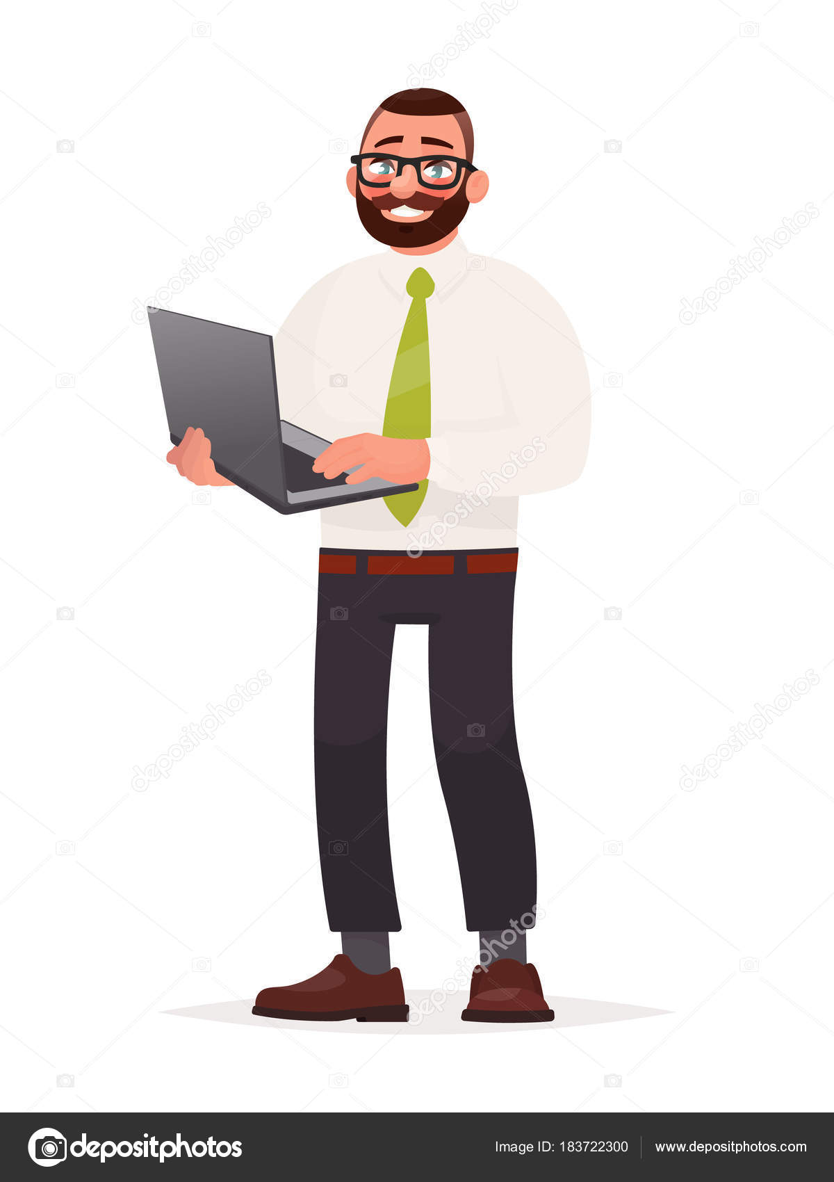Programmer. A bearded man with glasses is holding a laptop in his hands ...