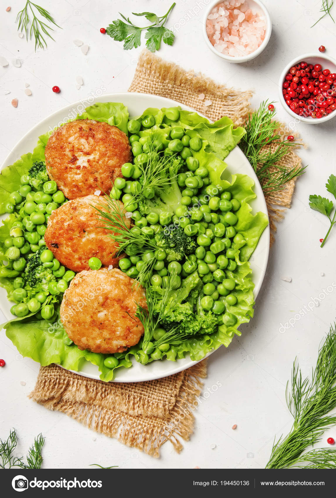 Fish Cutlets Cod Garnish Green Peas Broccoli White Background Top Stock ...
