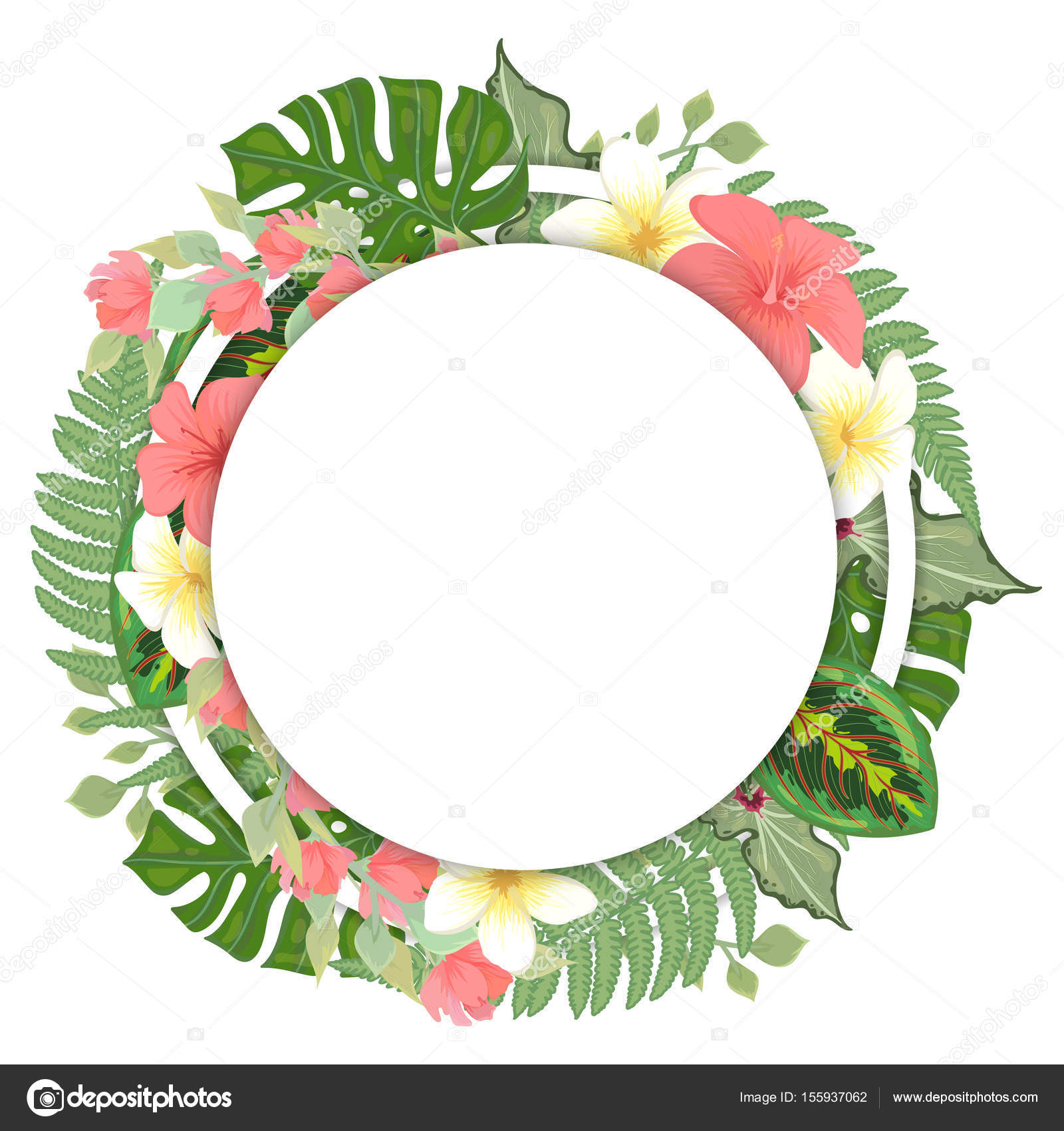 Round frame with tropical flowers and plants. Vector template Stock ...