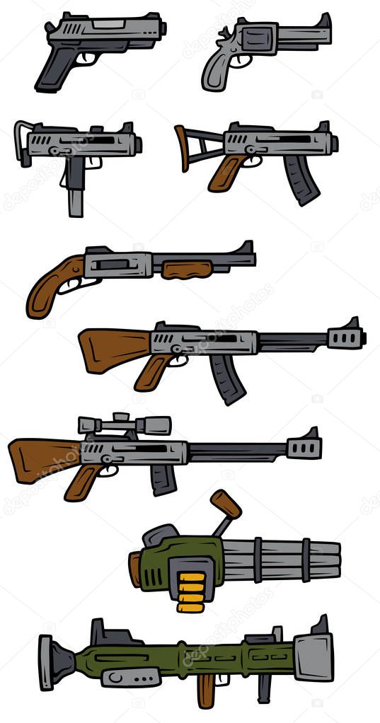 Iconos vectoriales de armas de fuego y armas de dibujos animados 2024