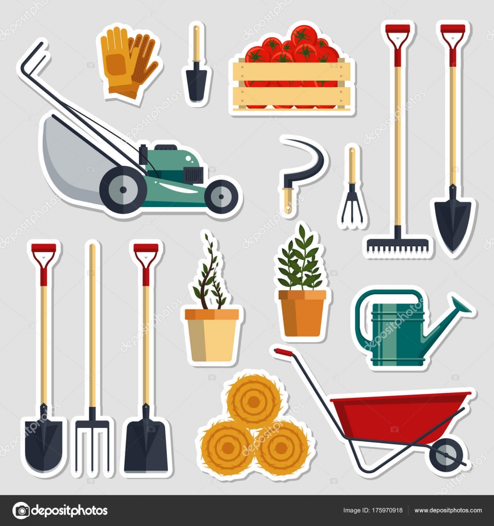 Stickers set farm tools flat-vector illustration. Garden instruments ...