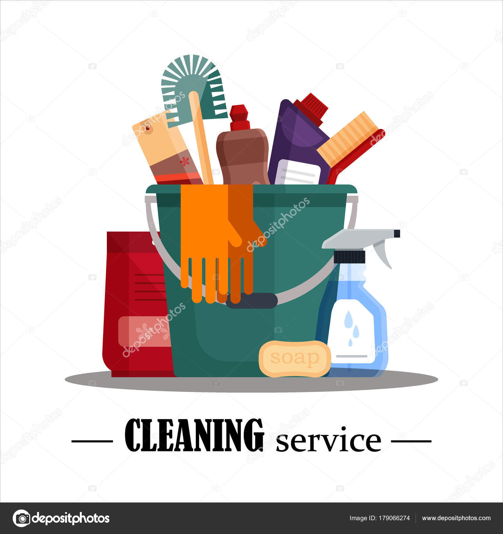 Servicio de limpieza. Set de herramientas de limpieza de la casa en cubo aislado sobre fondo ...