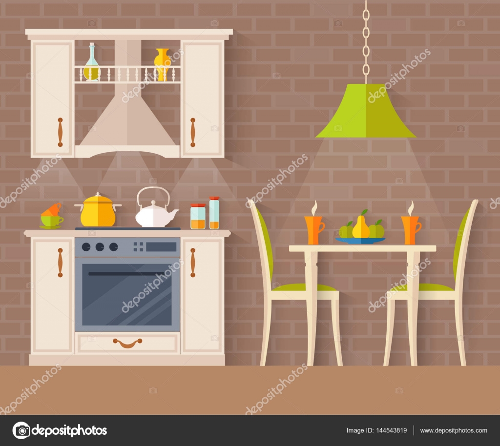 Cocina-comedor en un estilo plano. Diseño de interiores Vector de stock ...