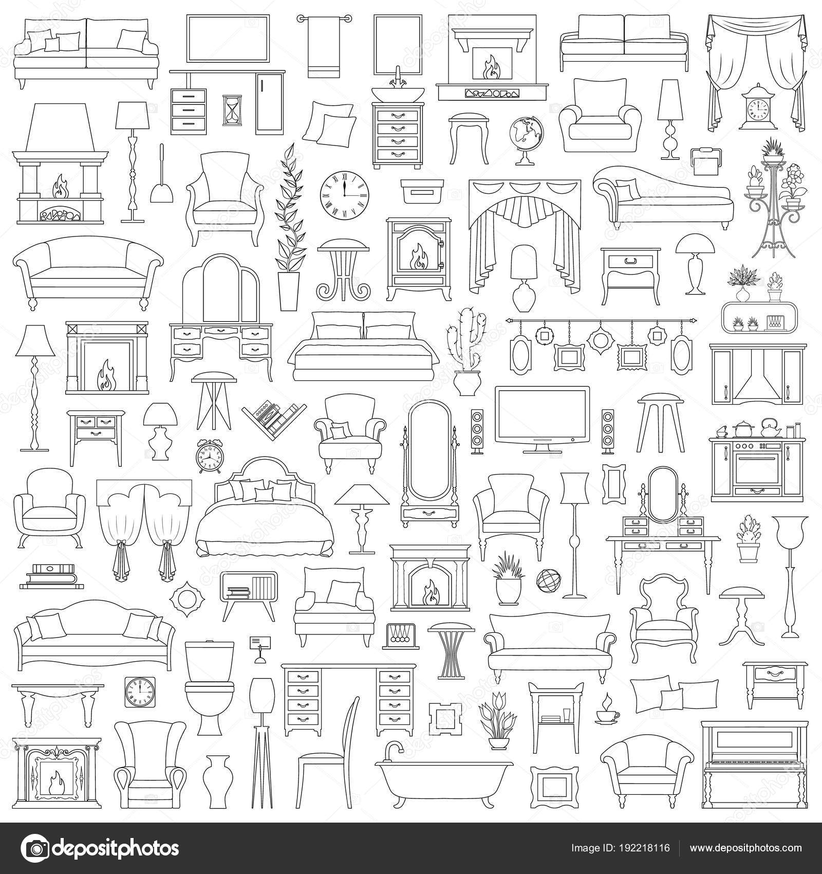 Set Furniture Details Outline Style Creating Interior Vector ...