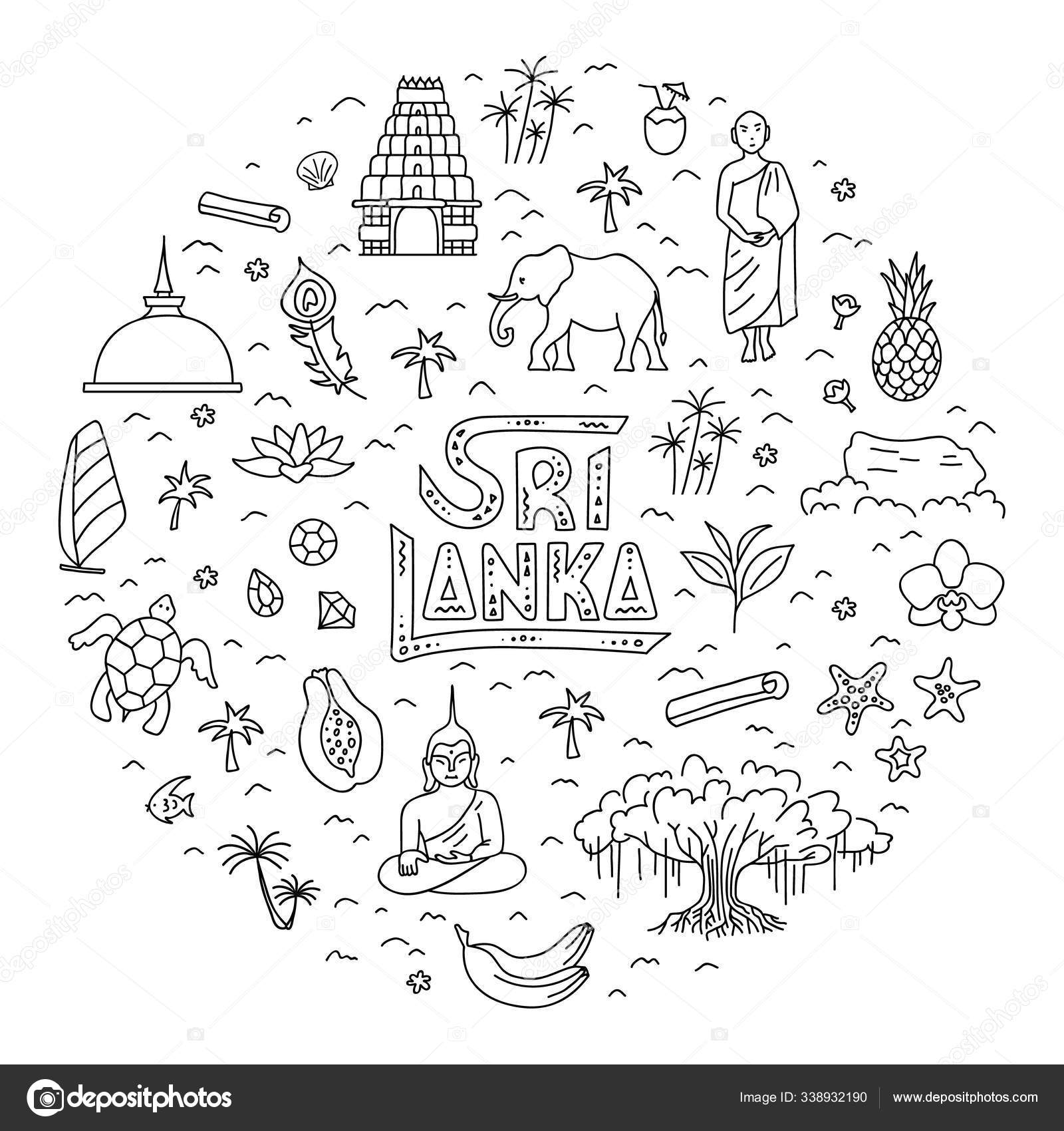 Linear circle map of Sri Lanka with lettering and basic symbols of the ...